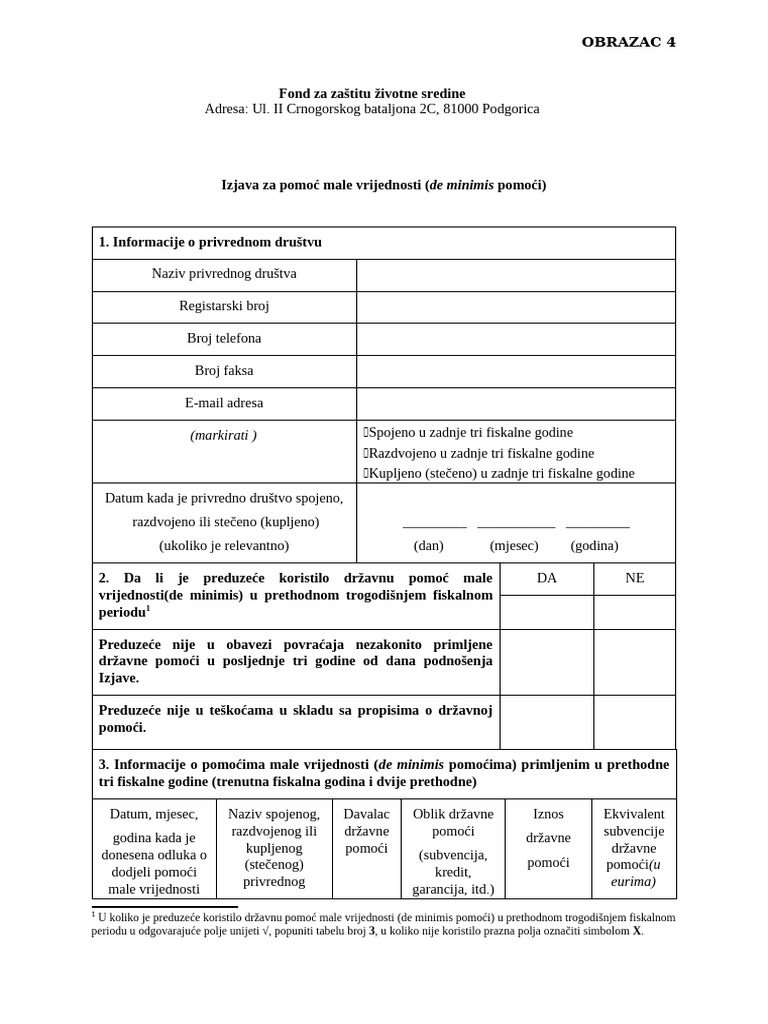 03 Obrazac - Izjava Za Pomoć Male Vrijednosti-De Minimis - Privrednici I Preduzetnici | PDF