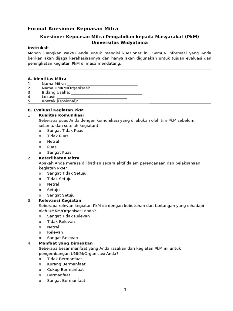 Format Kuesioner Kepuasan Mitra | PDF