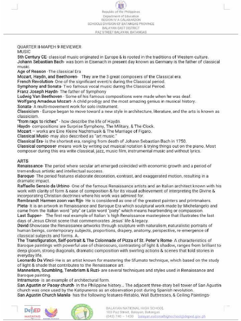 MAPEH 9 Q2 REVIEWER | PDF