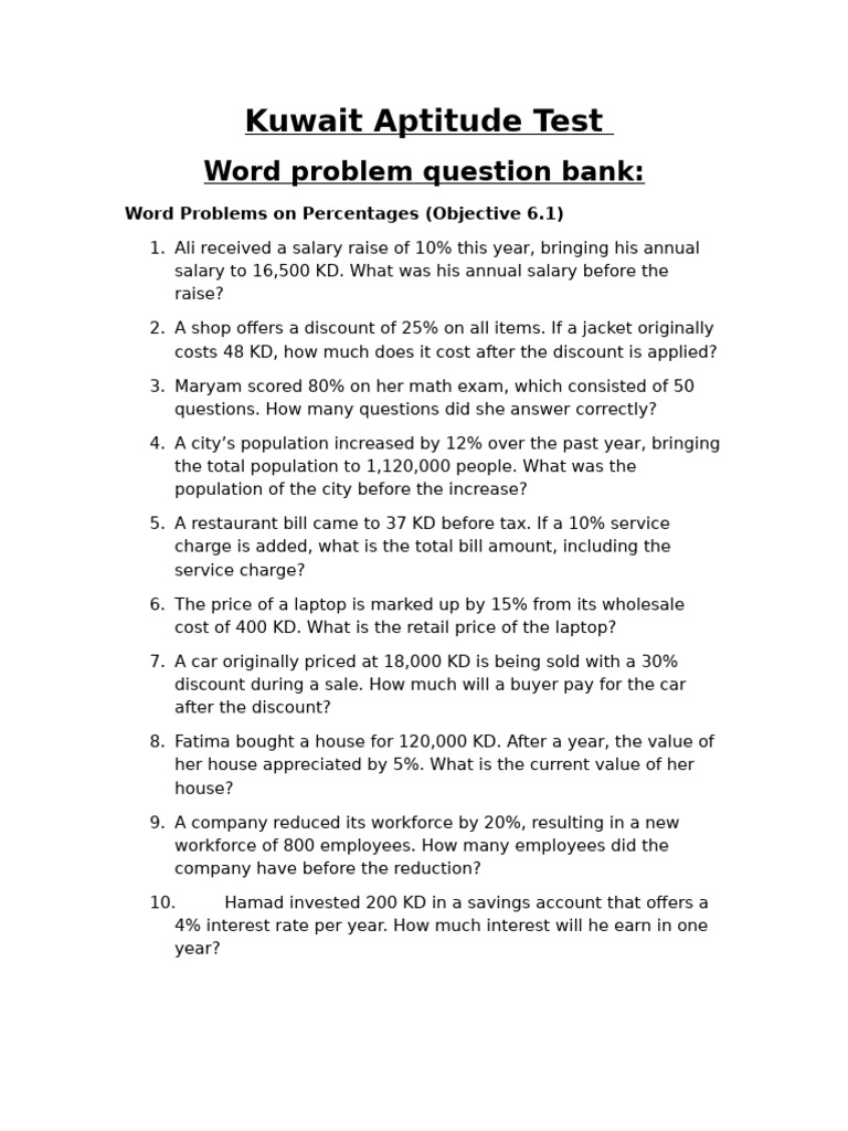 Kuwait Aptitude Test unseen word problems question bank | PDF | Area ...