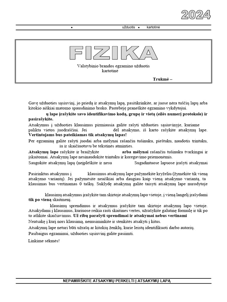 VBE Fizika - 2024 Pakartotine 2 | PDF