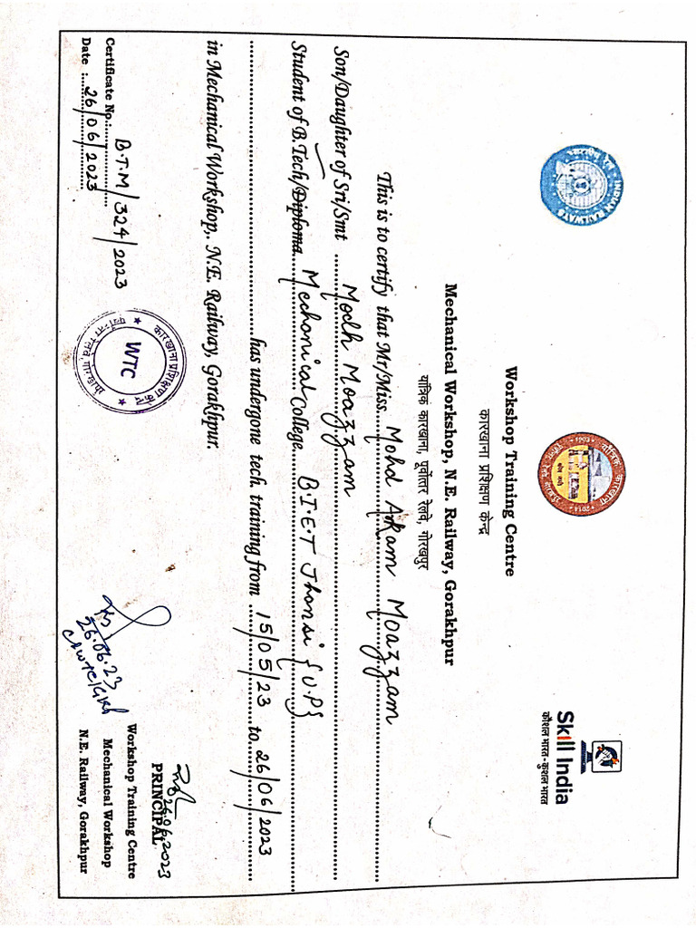 Railway Internship Certificate | PDF