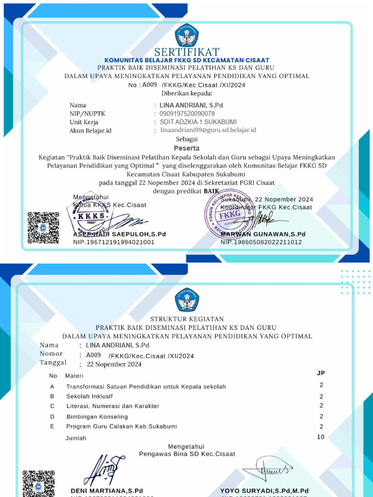 LINA ANDRIANI, S.Pd_Sertifikat KKG Nopember 2024 | PDF
