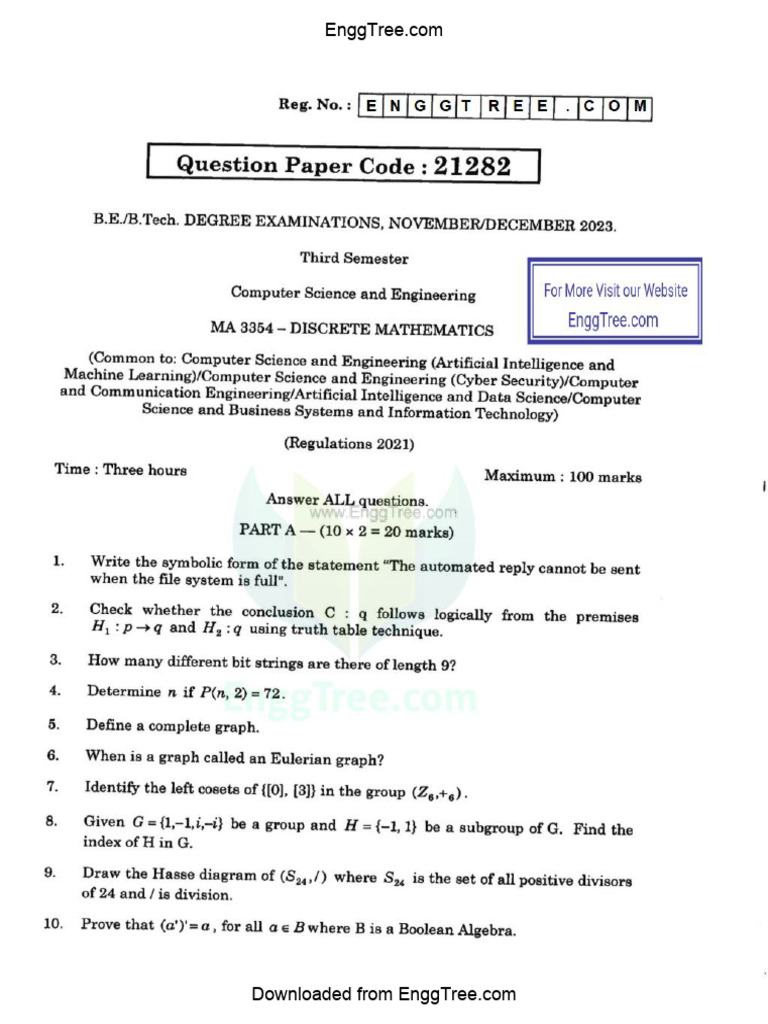 MA3354 Discrete Mathematics Nov Dec 2023 Question Paper Download | PDF