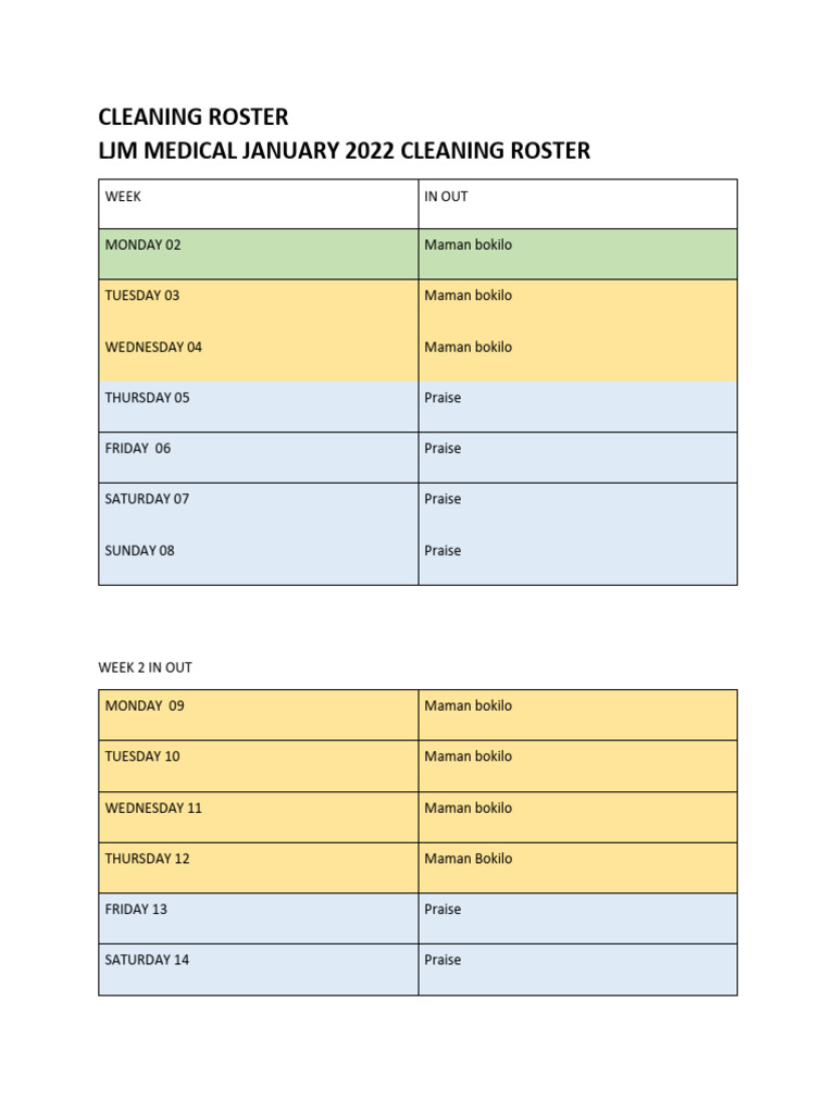 LJM Cleaning Roster | PDF