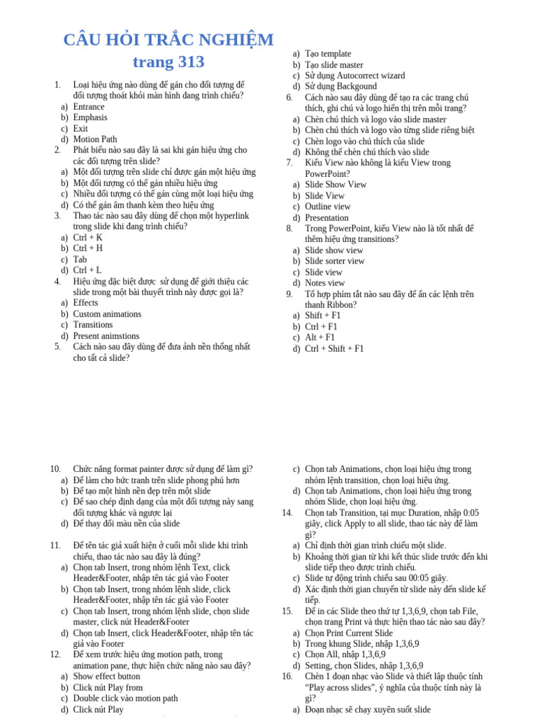 Cau Hoi Trac Nghiem Powerpoint | PDF