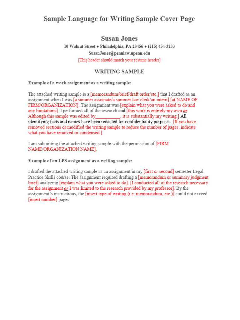Sample Language For Writing Sample Cover Page | PDF