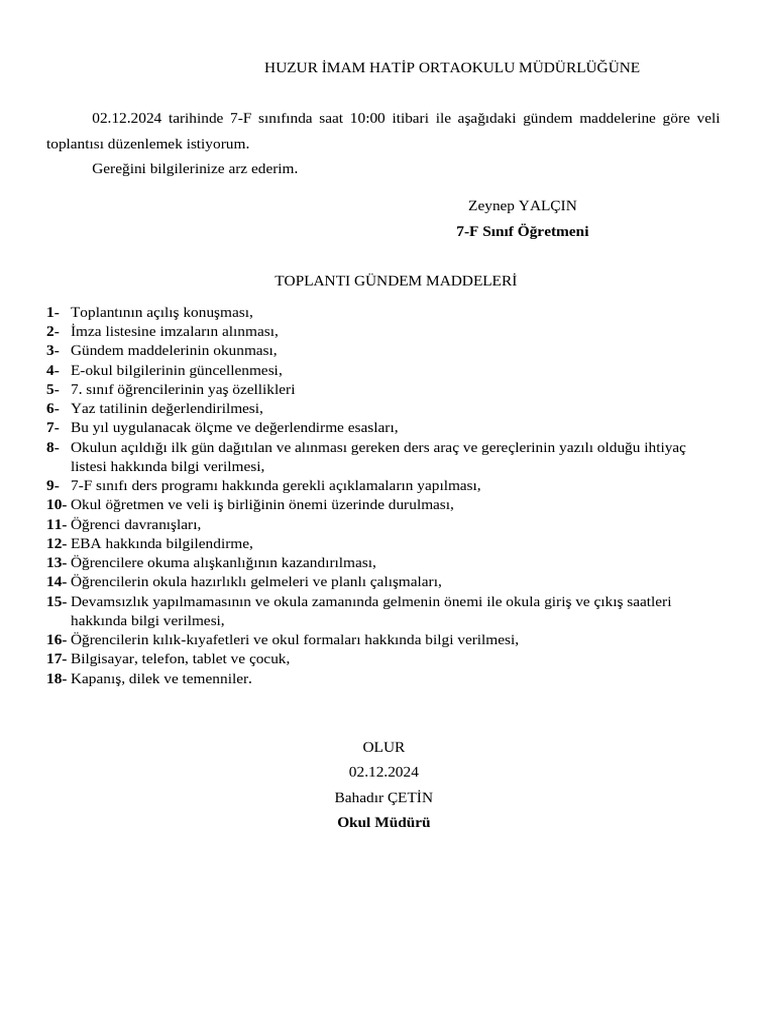 7 Sinif 1 Donem Veli Toplantisi Zeynep Yalcin 17330851853 | PDF