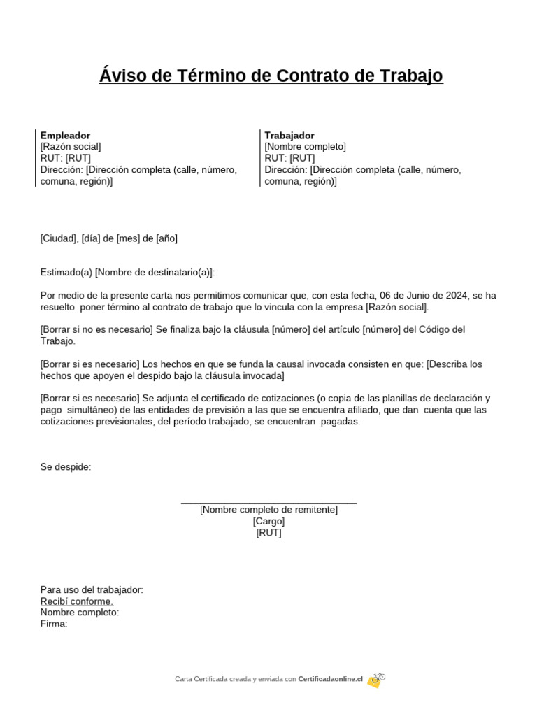 Formato Termino Contrato Trabajo v2 | PDF