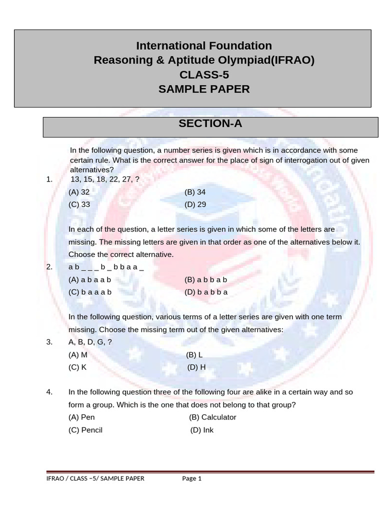 International Foundation Reasoning & Aptitude Olympiad SAMPLE PAPER ...