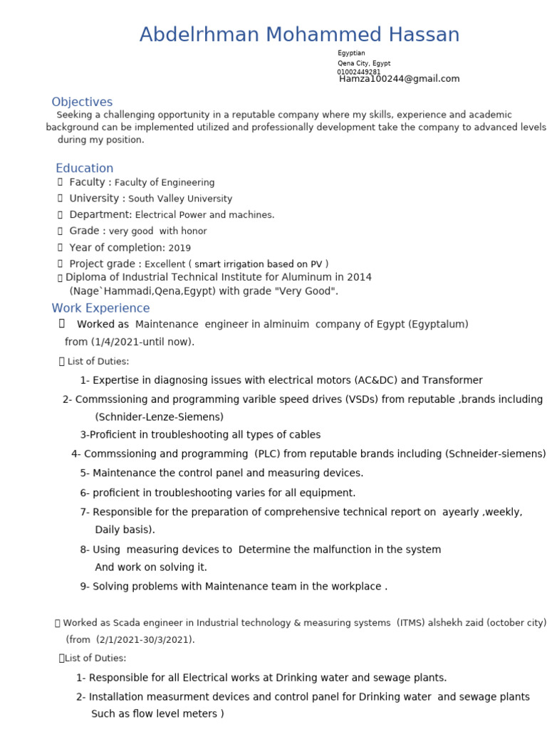 Electrical Engineer Resume - Abdelrhman Hassan | PDF | Electrical Engineering | Electricity