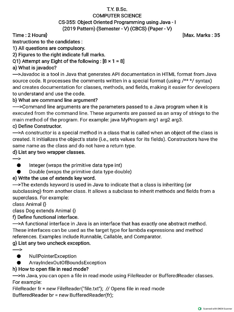 Object Oriented Programming Using Java - I Previous Year Question Paper | PDF