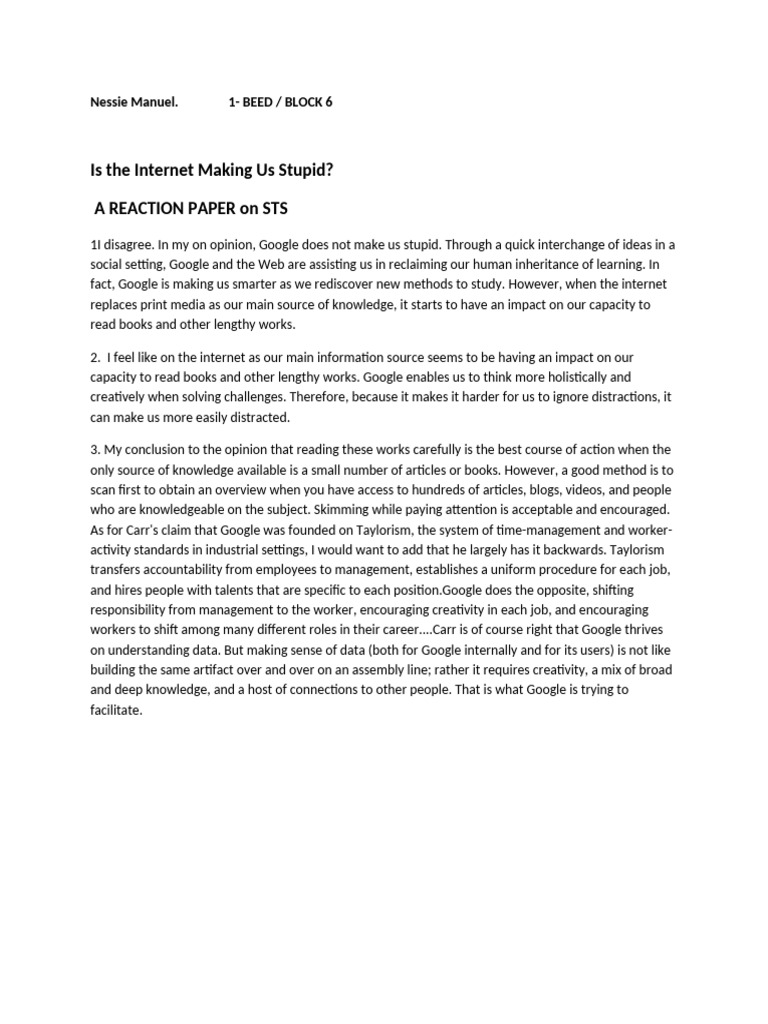 Is The Internet Making Us Stupid? A Reaction Paper On STS: Nessie ...