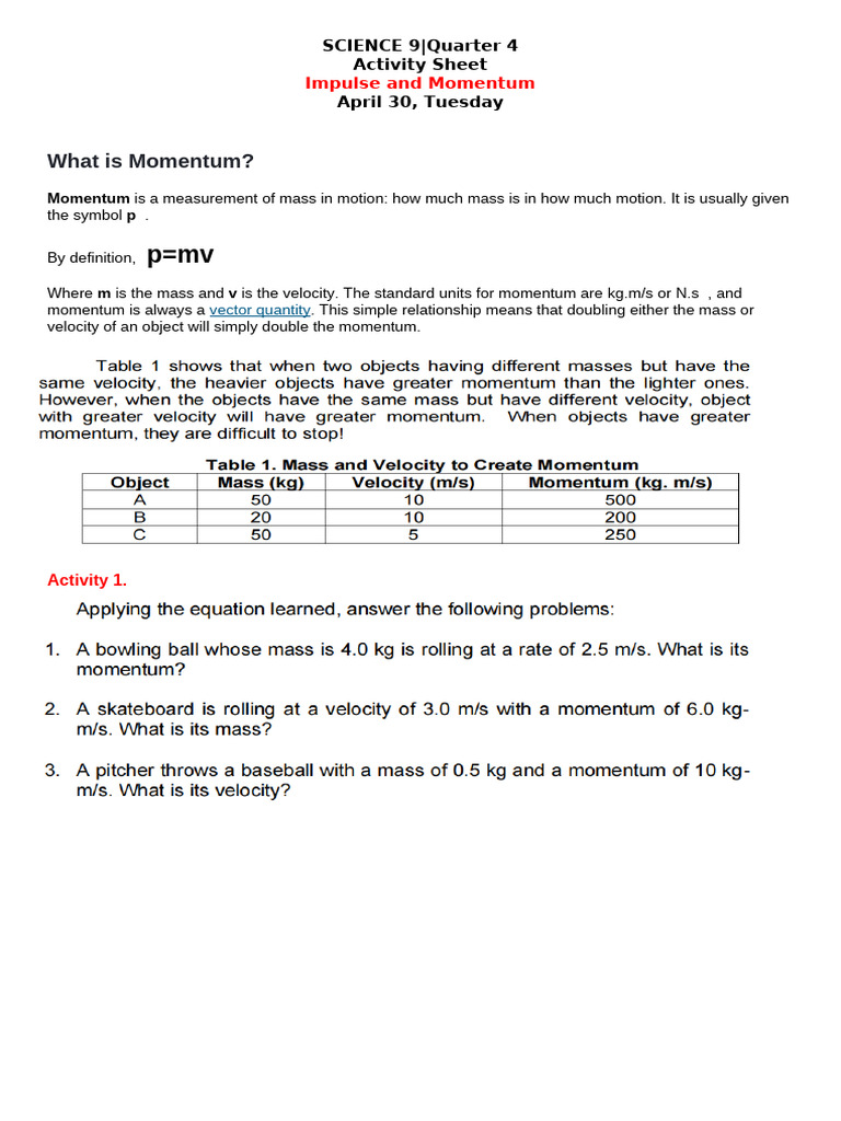 SCIENCE 9 - Activity Sheet MomentumQ4 | PDF