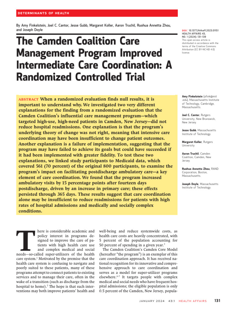 Finkelstein Et Al 2023 The Camden Coalition Care Management Program ...