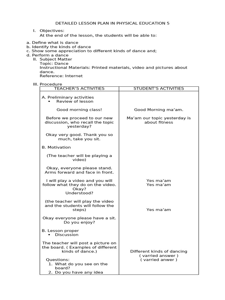 DETAILED-LESSON-PLAN-IN-PHYSICAL-EDUCATION-5 | PDF | Dances | Lesson Plan