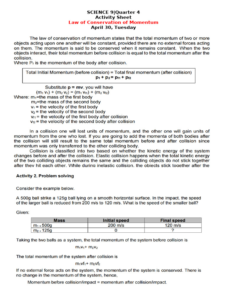Law of Conservation of Momentum Activity | PDF