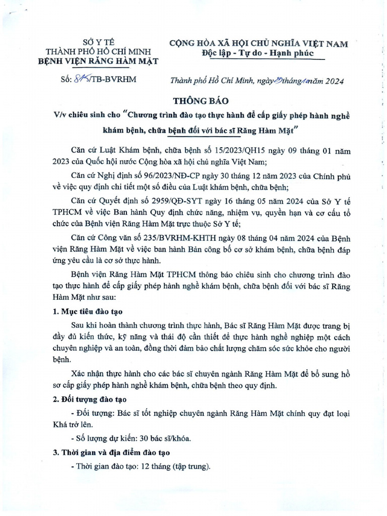 Thong Bao Chieu Sinh Cho Chuong Trinh Dao Tao de Cap Giay Phep Hanh Nghe Kham Benh Chua Benh Doi ...