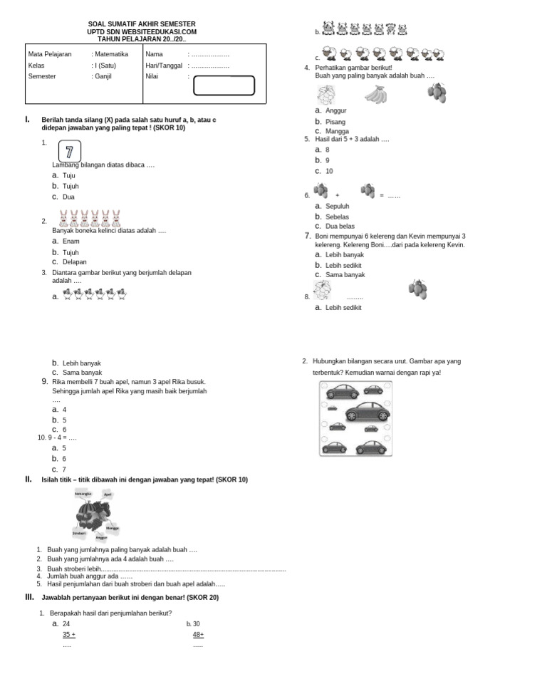 Soal SAS 1 MTK Kelas 1 | PDF