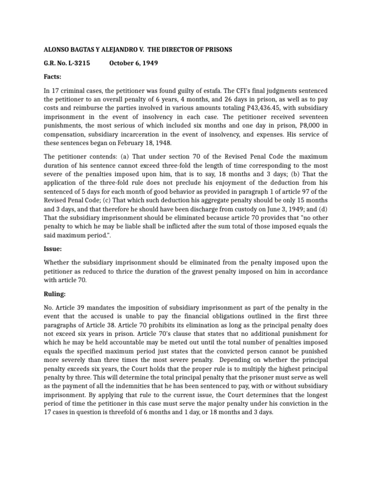 Alonso Bagtas y Alejandro v. The Director of Prisons | PDF | Prison ...