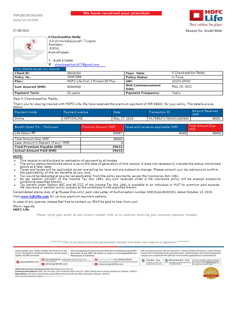 HDFC Life Premium Payment Receipt | PDF | Life Insurance | Insurance