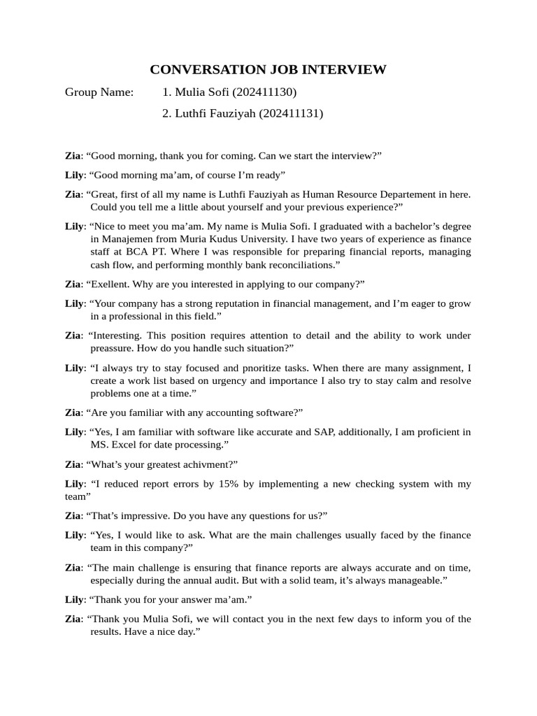 Job Interview Conversation Example | PDF