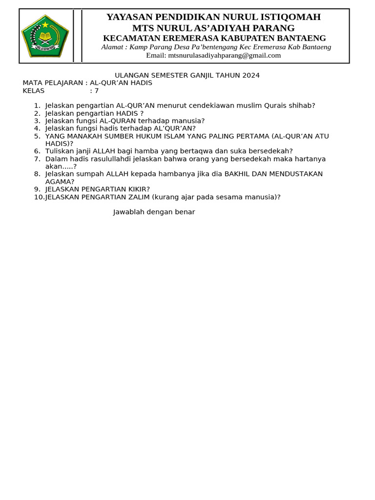 Kop Sekolah MTS Nurul As'adiyah Parang | PDF