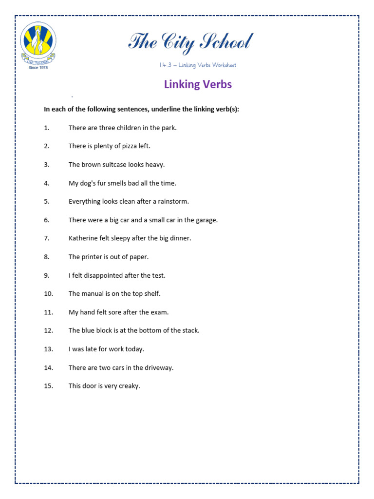 1.4.3 - Linking Verbs Worksheet | PDF