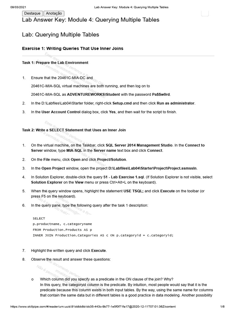 Lab Answer Key - Module 4 - Querying Multiple Tables | PDF | Data | Information Technology ...