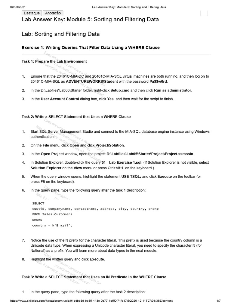 Lab Answer Key - Module 5 - Sorting and Filtering Data | PDF | Data ... Lab Answer Key - Module 5 - Sorting and Filtering Data | PDF | Data ...