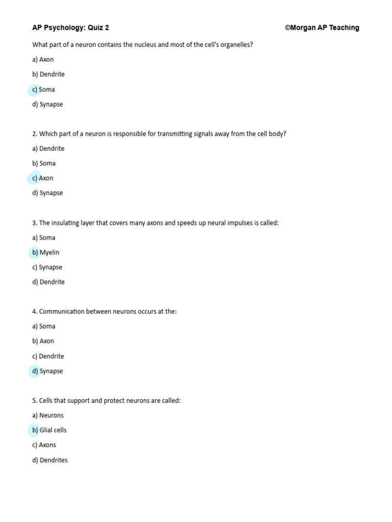 AP Psychology Neuron Functions Quiz | PDF | Neuron | Neurotransmitter