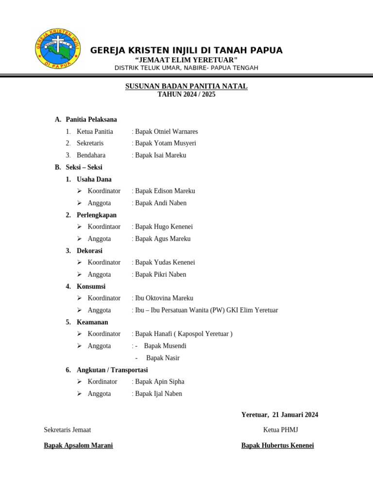 Susunan Panitia Natal GPDI 2024/2025 | PDF