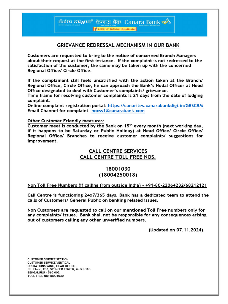 Canara Bank Grievance Redressal Guide | PDF