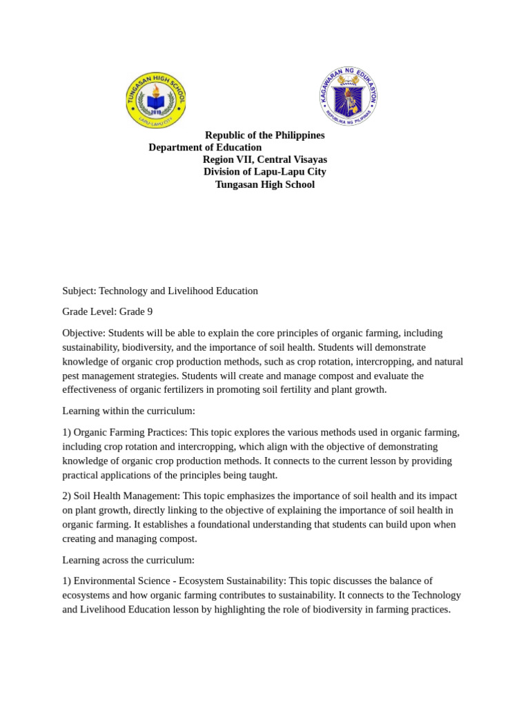 TLE 9 QUARTER 1 LESSON 1 LESSON PLAN FINAL | PDF | Organic Farming ...