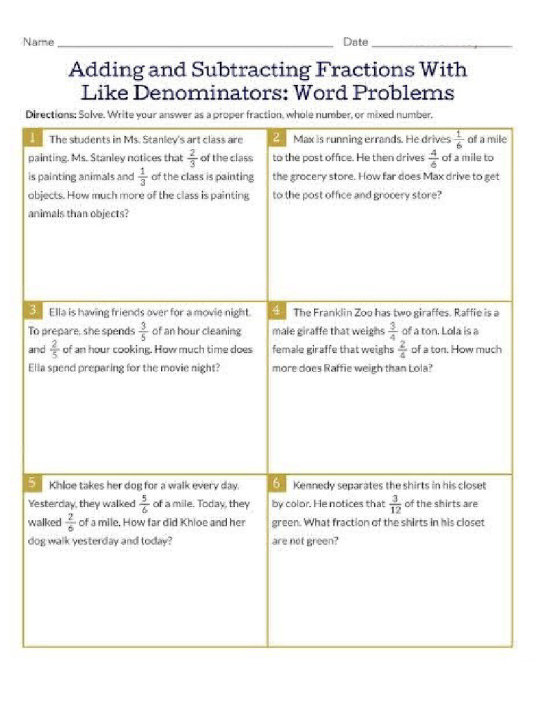Addition and Subtraction of Fraction-Word Problem | PDF