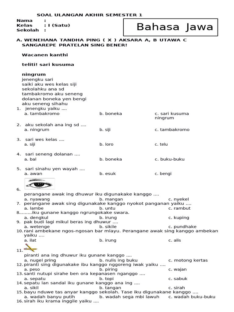 Soal UAS Bahasa Jawa Kelas 1 SD Semester 1 (Ganjil) Dan Kunci Jawabannya | PDF