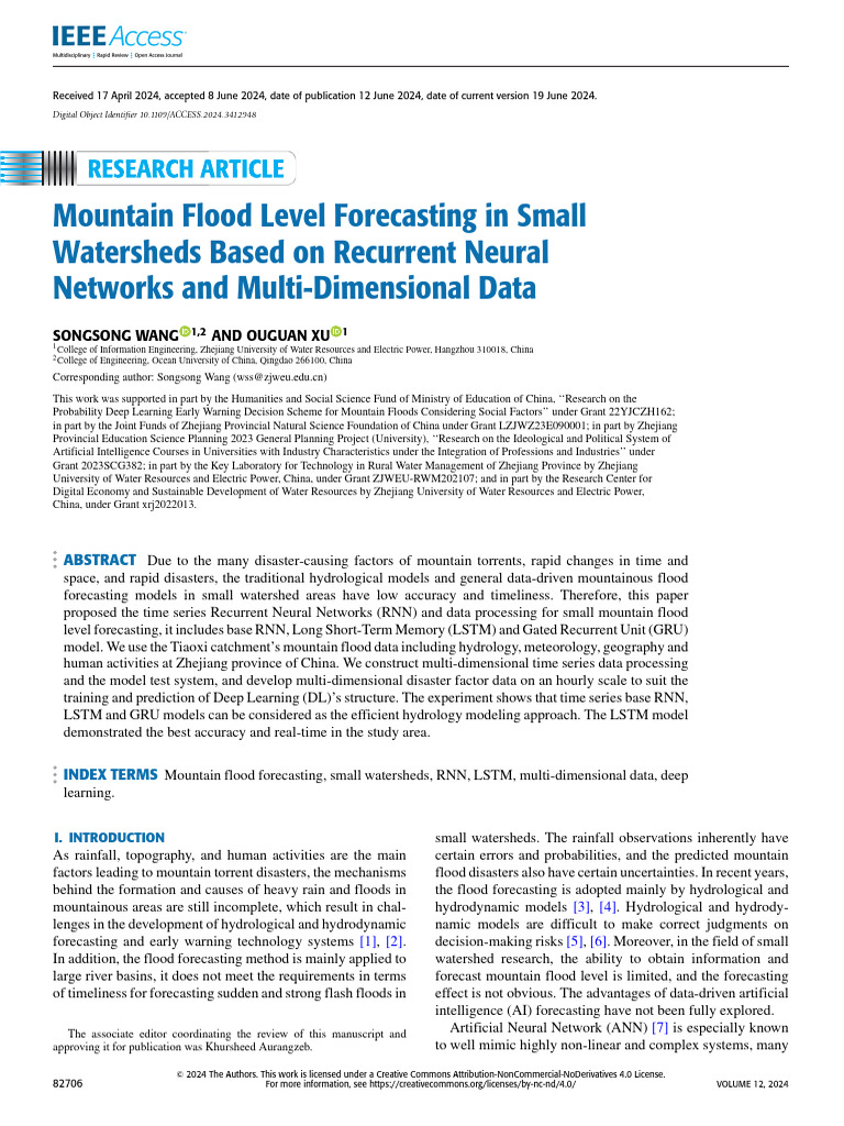 Mountain Flood Level Forecasting in Small Watersheds Based on Recurrent Neural Networks and ...