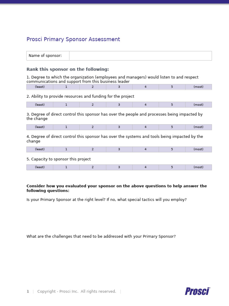 Prosci Primary Sponsor Assessment | PDF | Social Psychology | Business