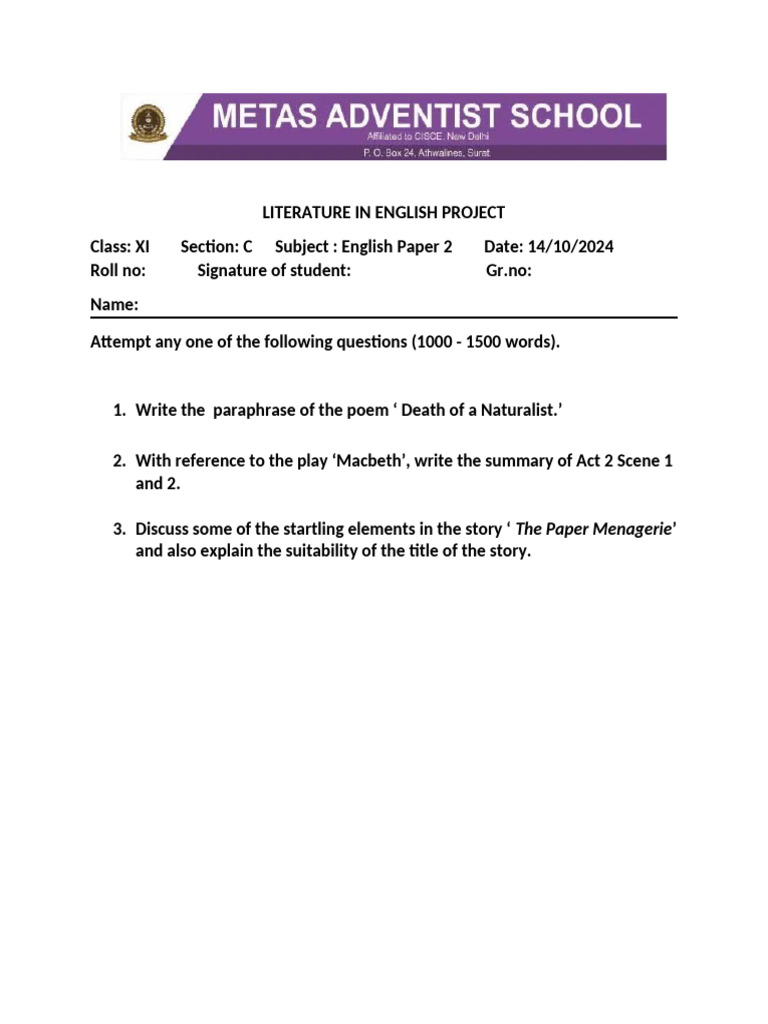 Literature in English Project | PDF