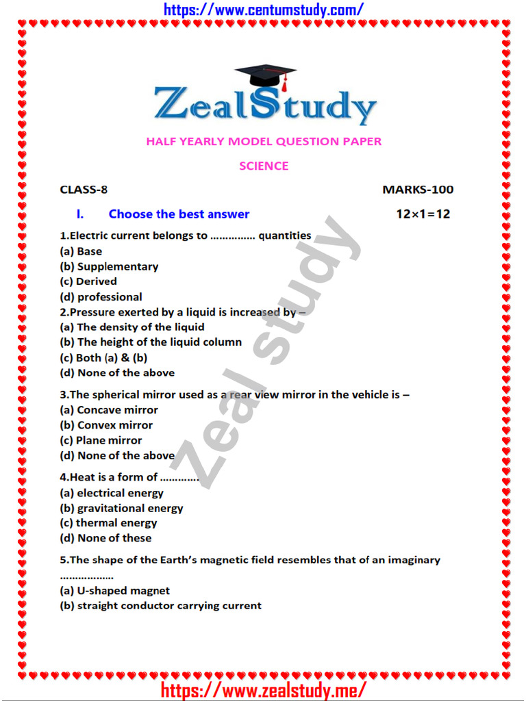 Zeal Study 8th STD Science Half Yearly Model Question Paper | PDF