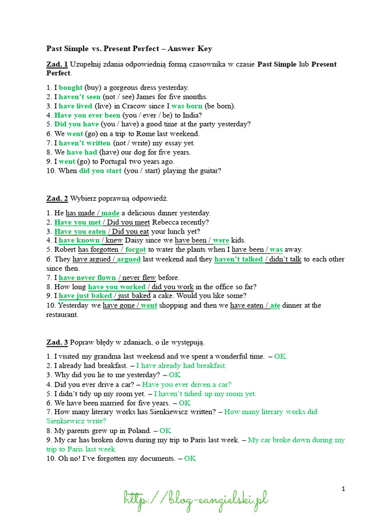 Past Simple vs. Present Perfect Answer Key | PDF | Cuisine