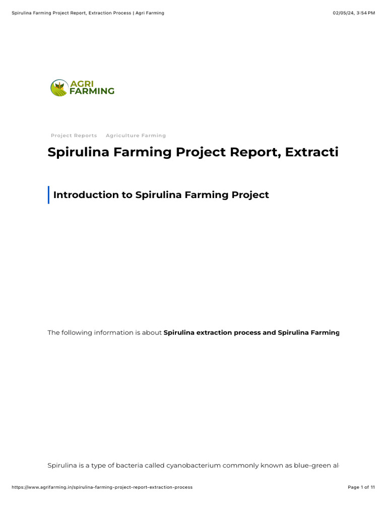 Spirulina Farming Project Report, Extraction Process - Agri Farming ...