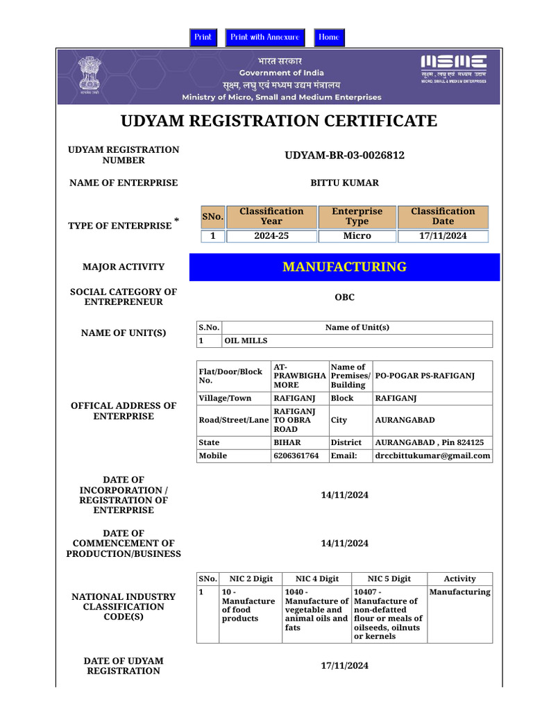 Print _ Udyam Registration Certificate (1) | PDF
