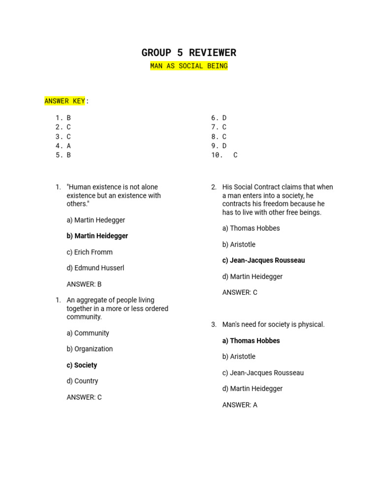 Answer Key GROUP 5 Reviewer Man as Social Being | PDF | Social Contract | Social Psychology