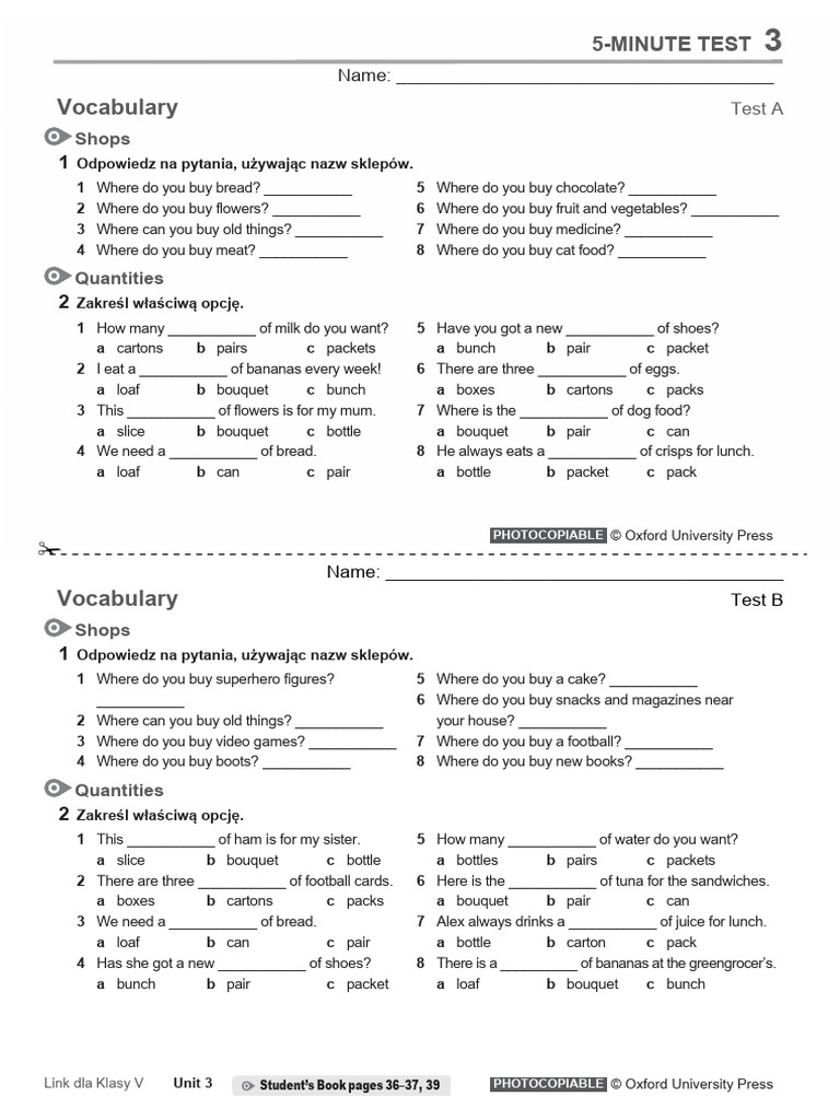 Link_L5_U3_5min_test_vocab | PDF | Cuisine | Foods