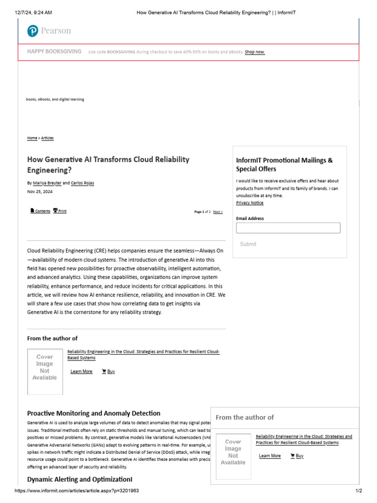 How Generative AI Transforms Cloud Reliability Engineering - InformIT | PDF | Artificial ...