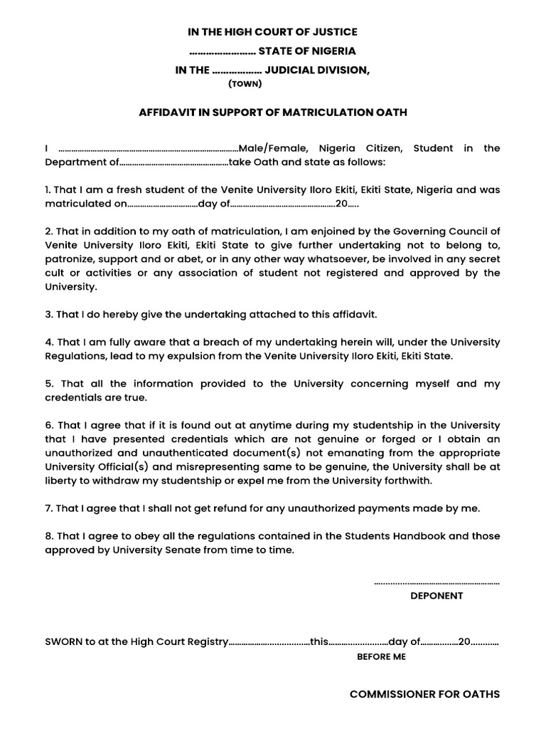 Affidavit in Support of Matriculation Oath | PDF