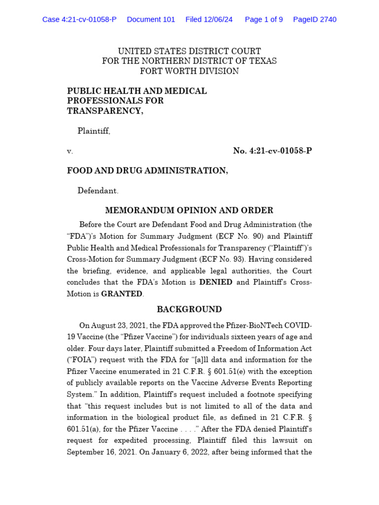 Public Health and Medical Professionals For Transparency V FDA Order ...