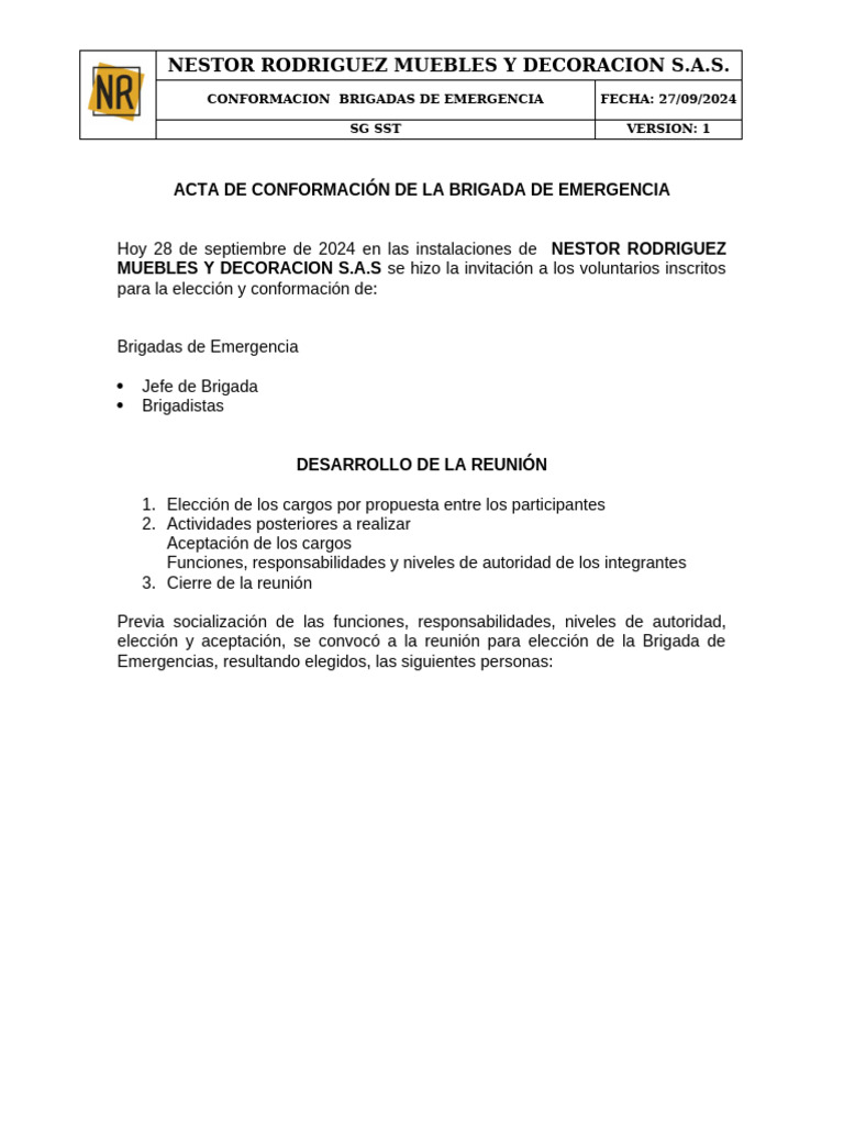 Acta de Conformación de La Brigada de Emergencia | PDF