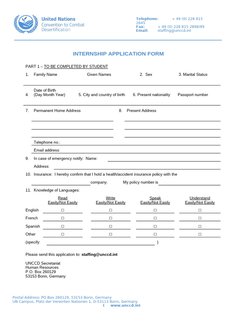 UNCCD Internship Application Form | PDF | Internship | Job Hunting